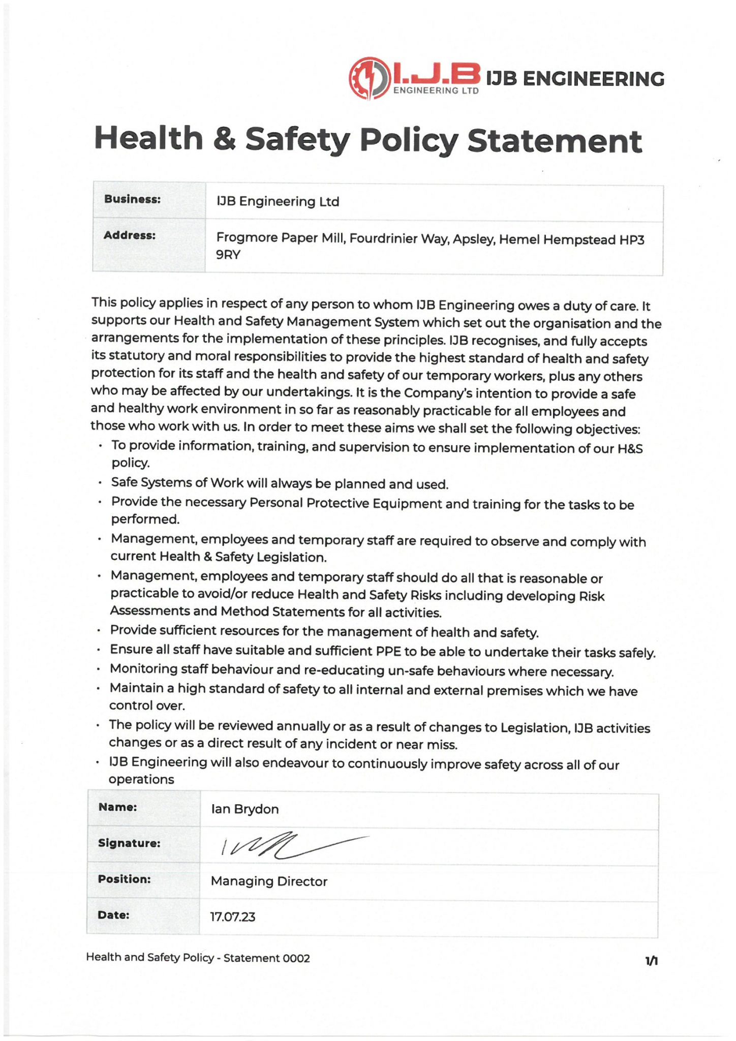 Health and Safety – IJB engineering